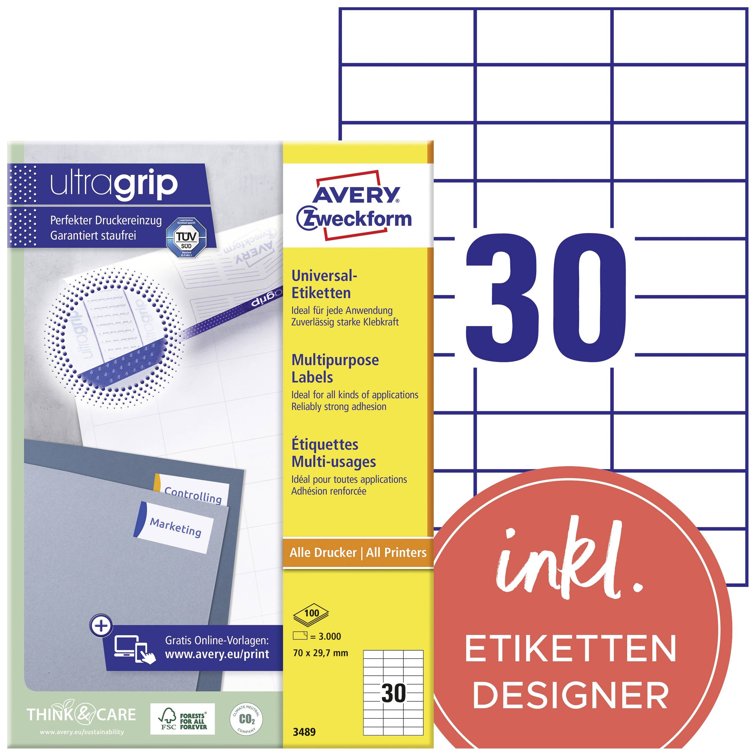 Avery-Zweckform 3489 Universaletiketter 70 x 29.7 mm Papper Vit 3000 st ...
